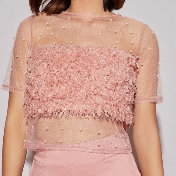 Tops | Pink Fuzzy Mesh Top Rhinestone Detail New | Poshmark